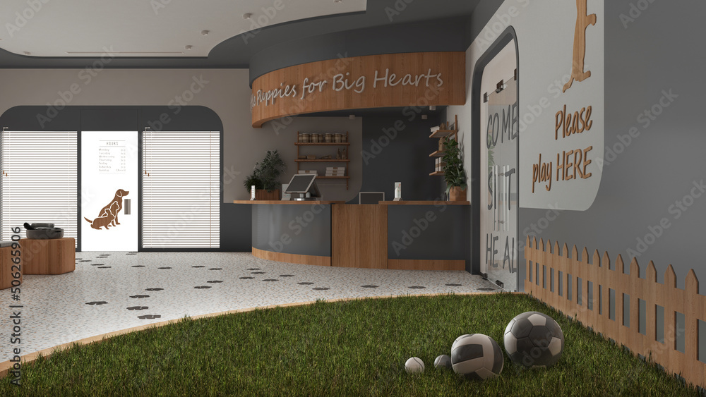 Veterinary clinic waiting room in gray and wooden tones. Reception desk ...