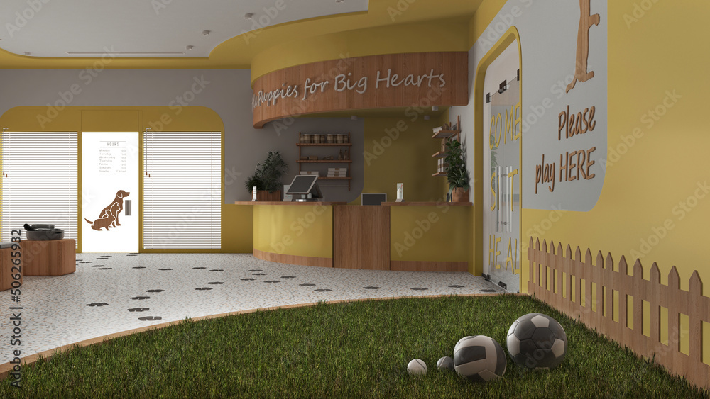 Veterinary clinic waiting room in yellow and wooden tones. Reception ...