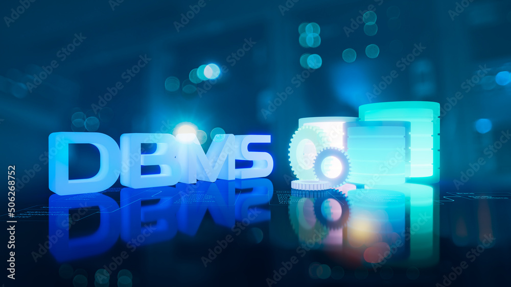 DBMS (database management system) and database icon with server room ...