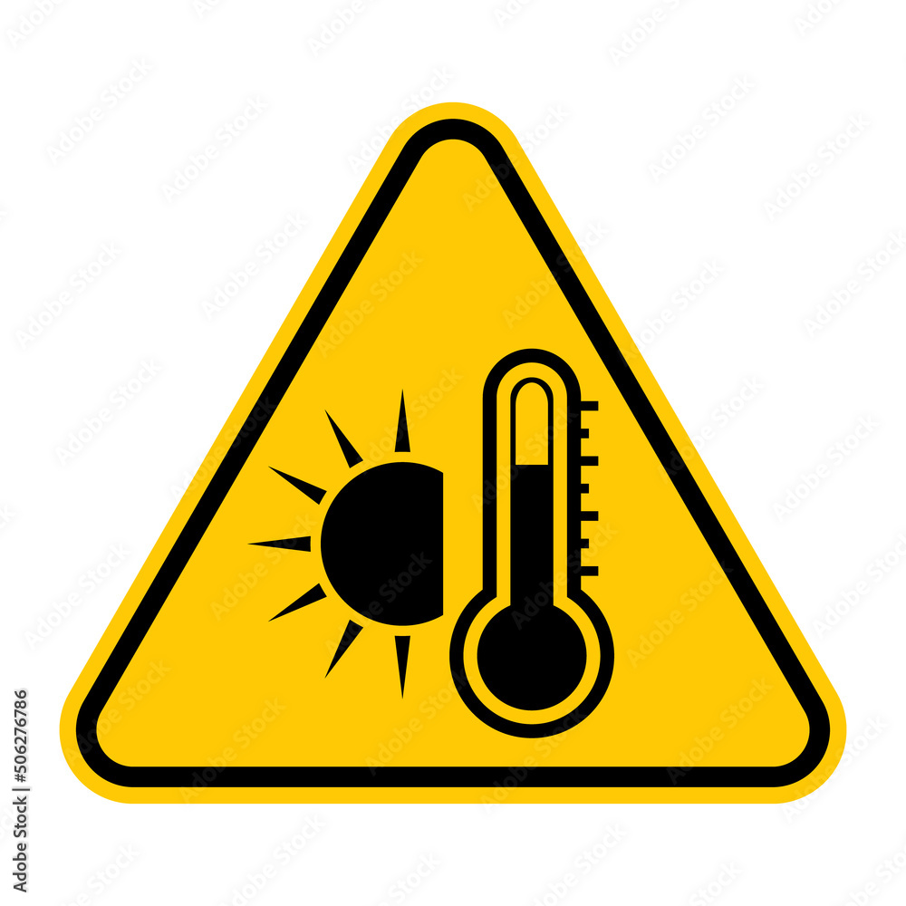 High temperature warning sign. Vector illustration of yellow triangle ...