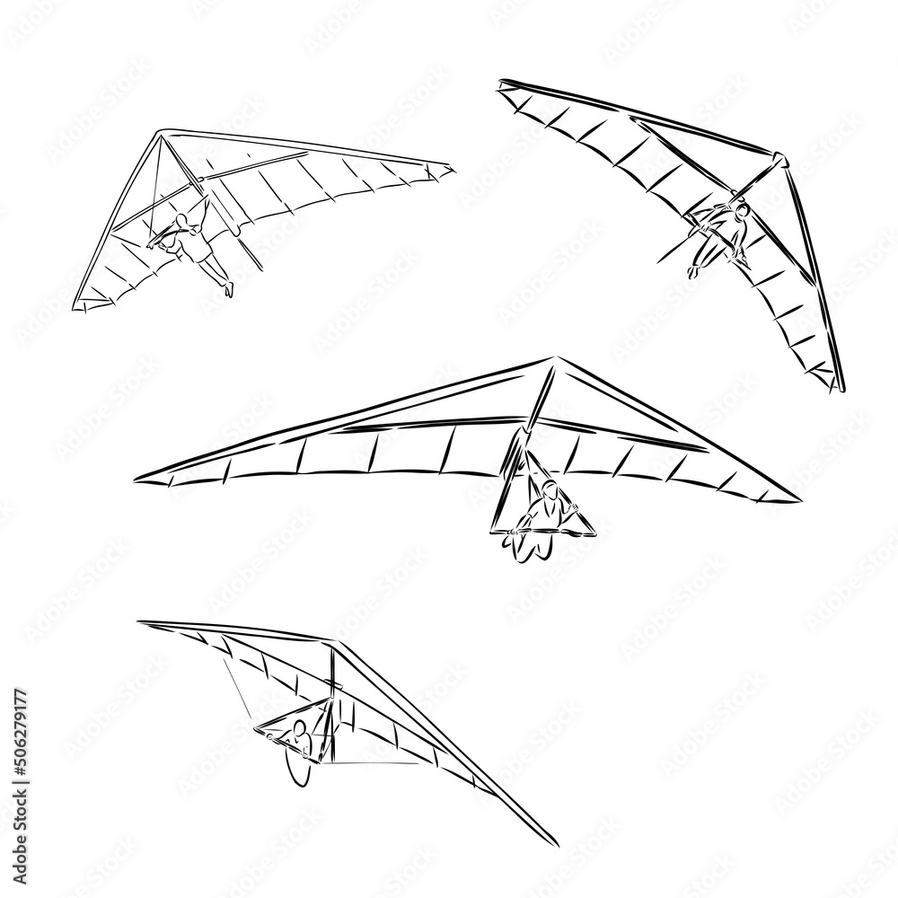Hang glider, extreme, sky, sport, fly concept. Hand drawn man flying ...