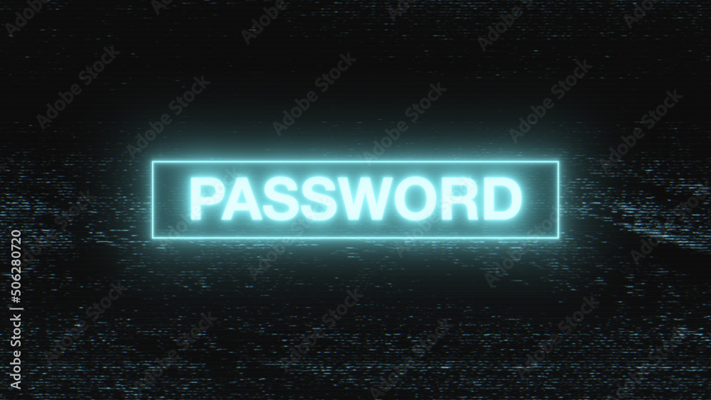 Glow Neon Password Text with Glitch noise static television VFX. Visual ...