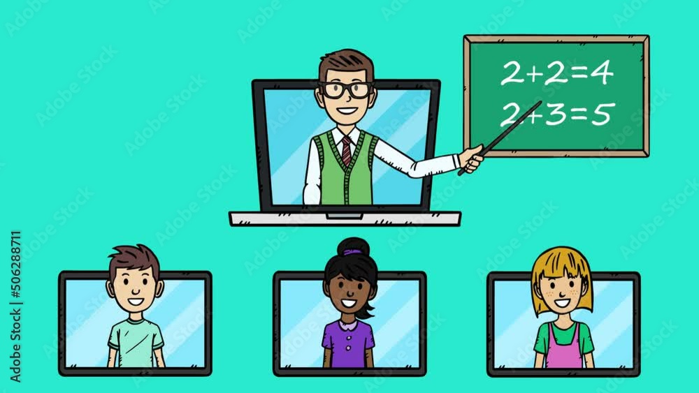 Doodle animation of online education. Teacher is showing on laptop ...