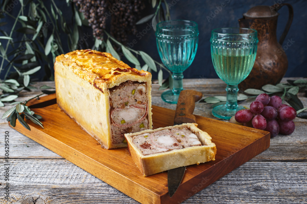 Traditional French Pate en croute with rabbit meat and pork filet ...