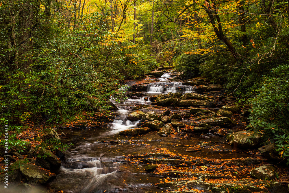 Stream of water in the deep colored fall foliage in the Smoky Mountain ...