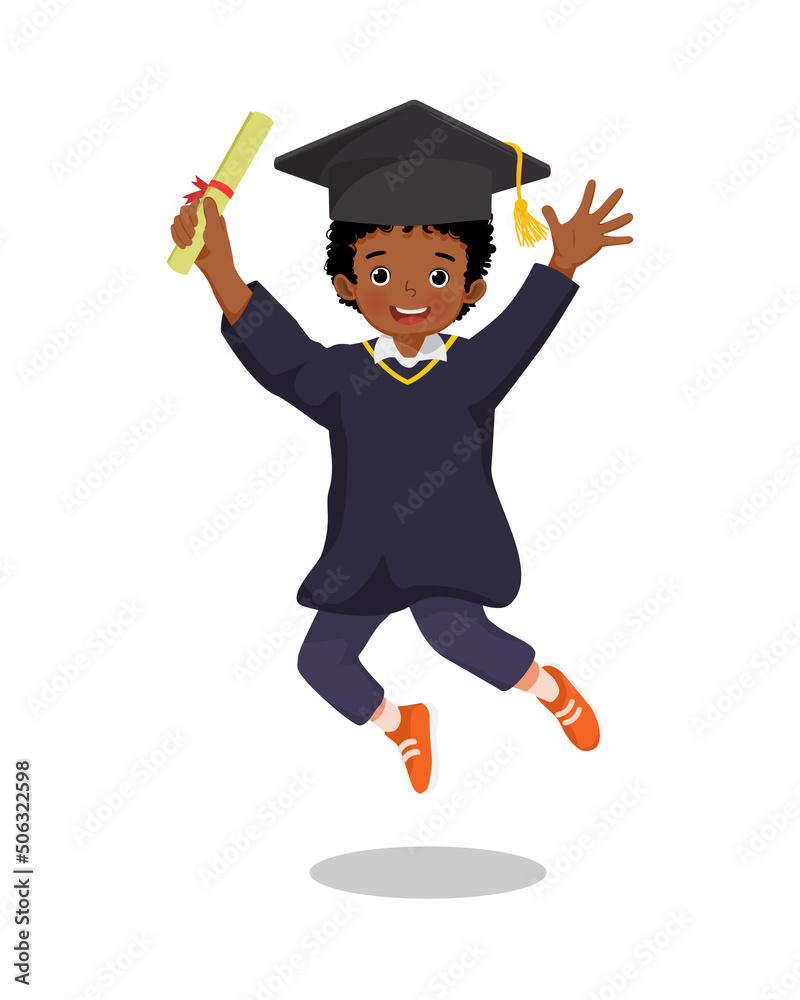 cute little African boy student in graduation gown holding certificate ...
