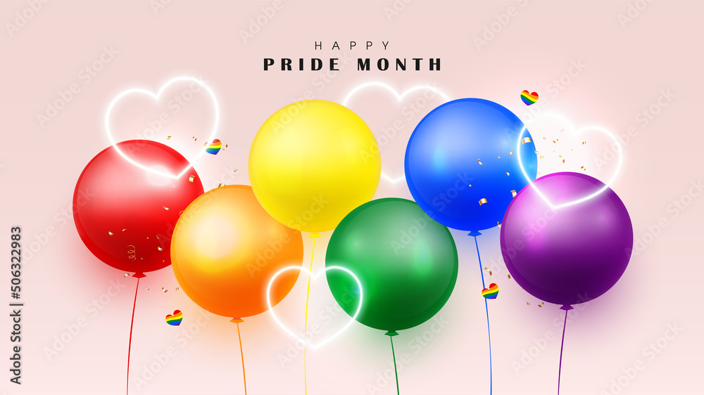 Happy pride month with colorful balloons in red, orange, yellow, green ...