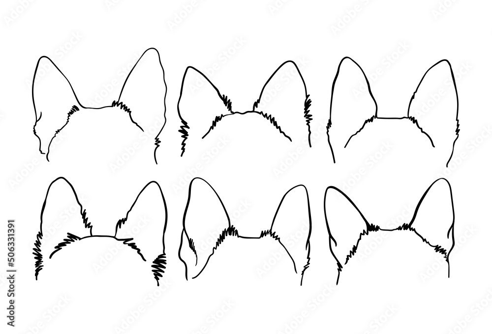Shepherd dog ears. Black and white outline illustrations isolated ...