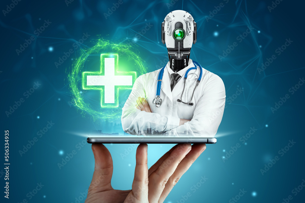 Doctor in a coat with a robot head and a stethoscope, a robot doctor in ...