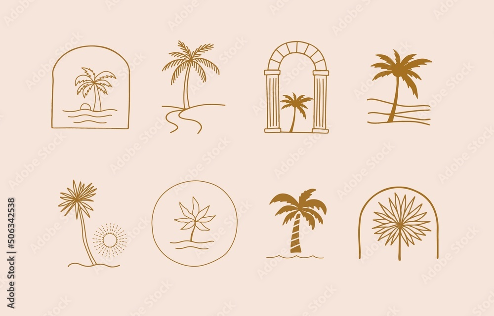 Collection of line design with tree,palm,nature.Editable vector ...
