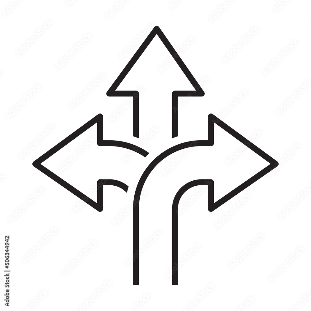 Three Way Direction Arrow Icon Vector Road Direction Sign For Graphic