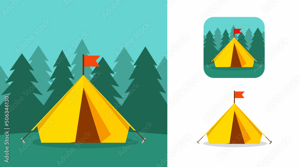Camp tent in forest flat vector and campsite tourist app isolated on ...