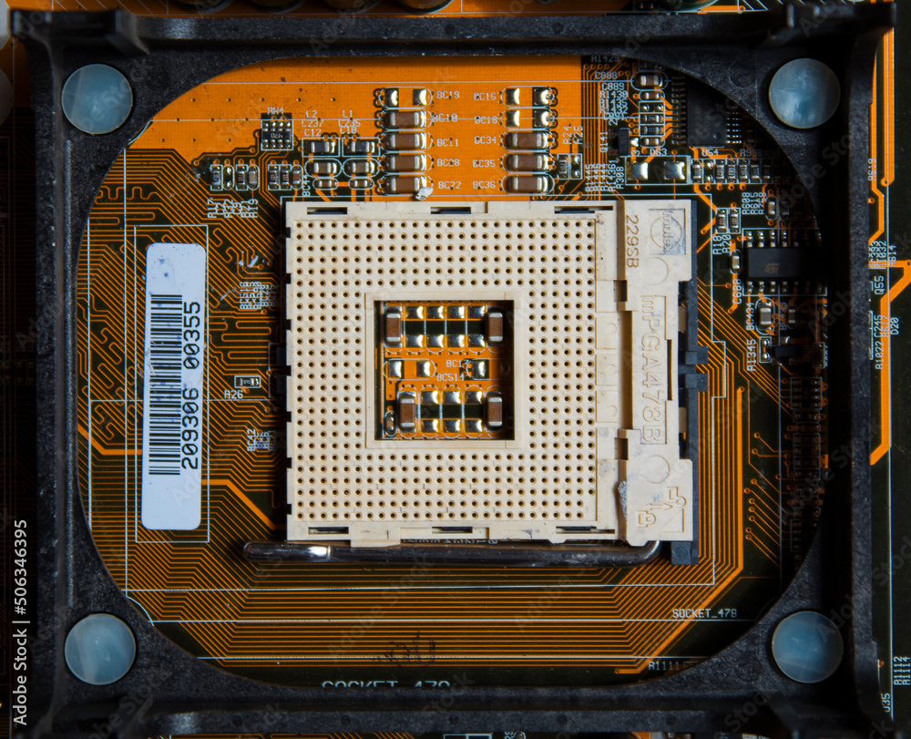 Yellow circuit board background of PC computer motherboard. Yellow ...