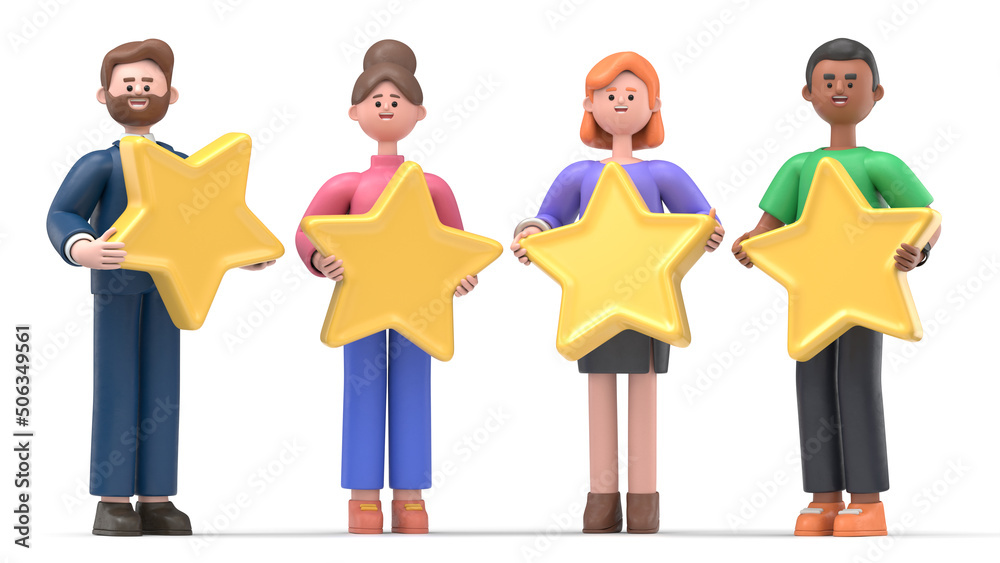 3D illustration of customer review rating concept. Multicultural people ...