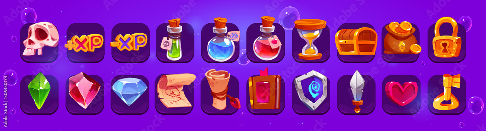 Cartoon game icons gold key, skull, xp, golden padlock, treasure chest ...