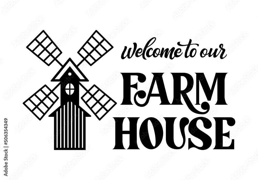Welcome to farm house home design with lettering. Happy hand drawn ...