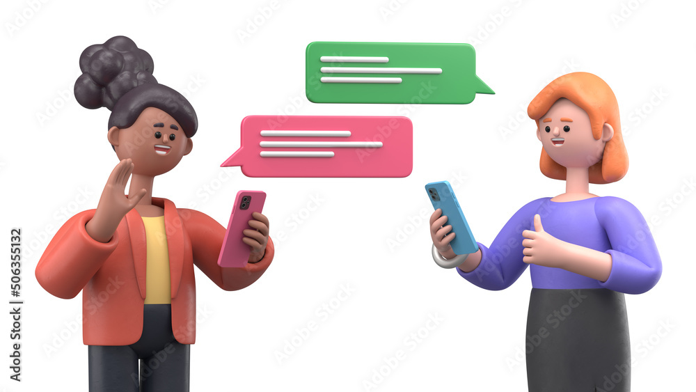 3D illustration of two cartoon characters send messages to each other ...