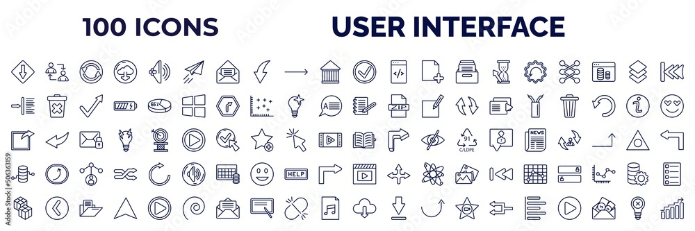 set of 100 user interface web icons in outline style. thin line icons such as low, paper plane ...