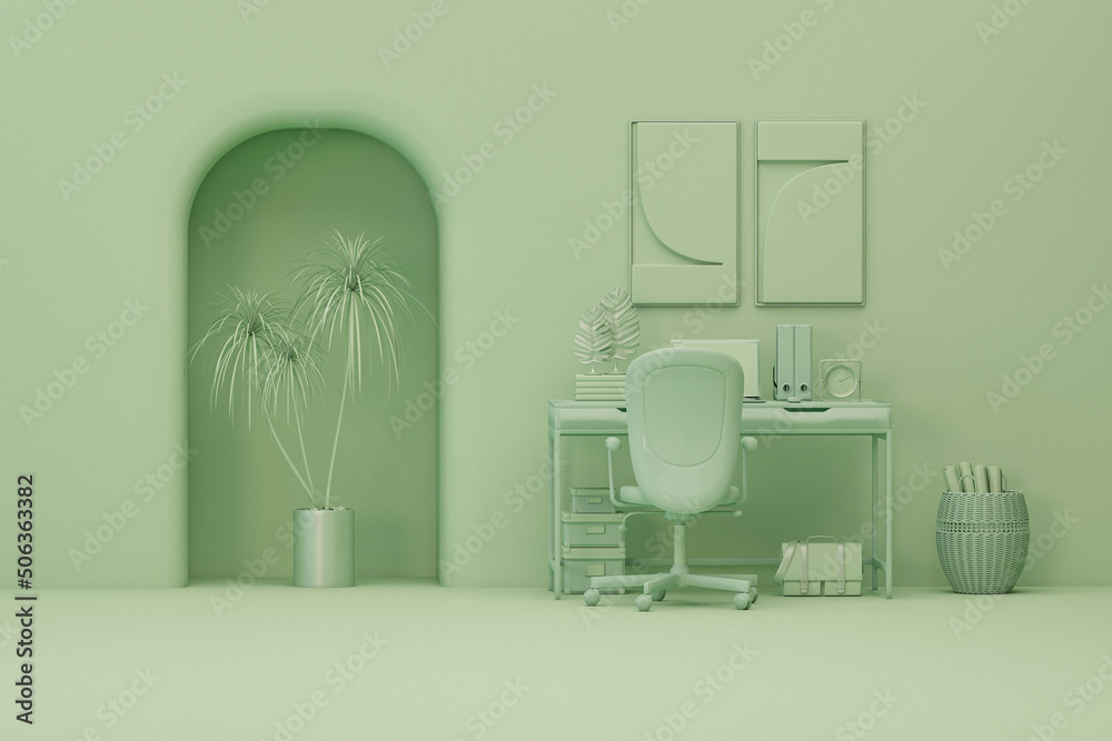Pastel green monochrome minimal office table desk. Minimal idea concept ...