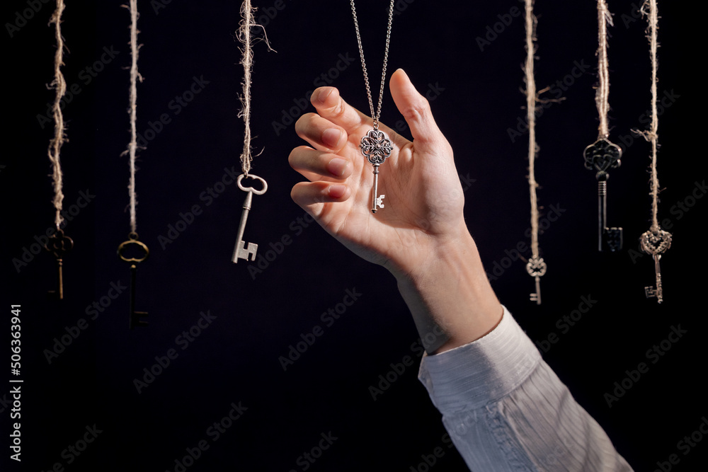 many different keys hang on threads, the hand chooses the right key ...