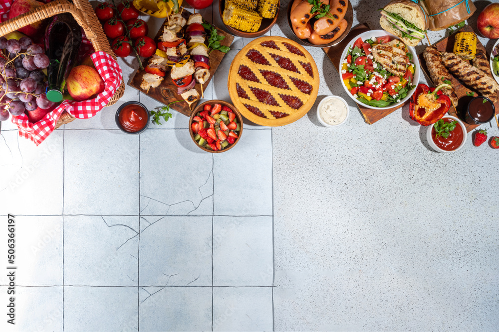 Various picnic barbeque food and drink flatlay. Summer bbq picnic food ...