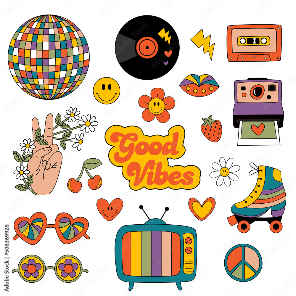 set of isolated retro 70s 90s groovy elements, cute hippy stickers ...