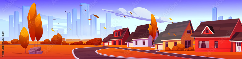 Suburb district with houses, road and city buildings on skyline in ...