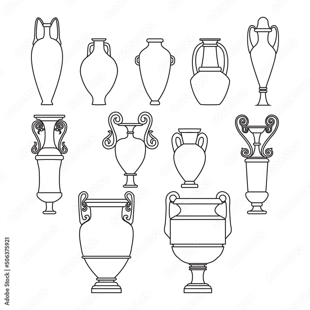 Outline set sketch of ceramic vases. Tall ancient Greek, Roman jar with ...
