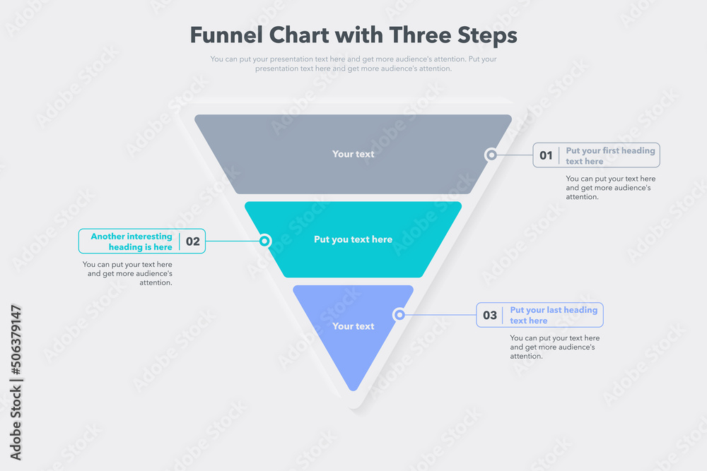 Funnel chart template with three colorful steps. Easy to use for your ...