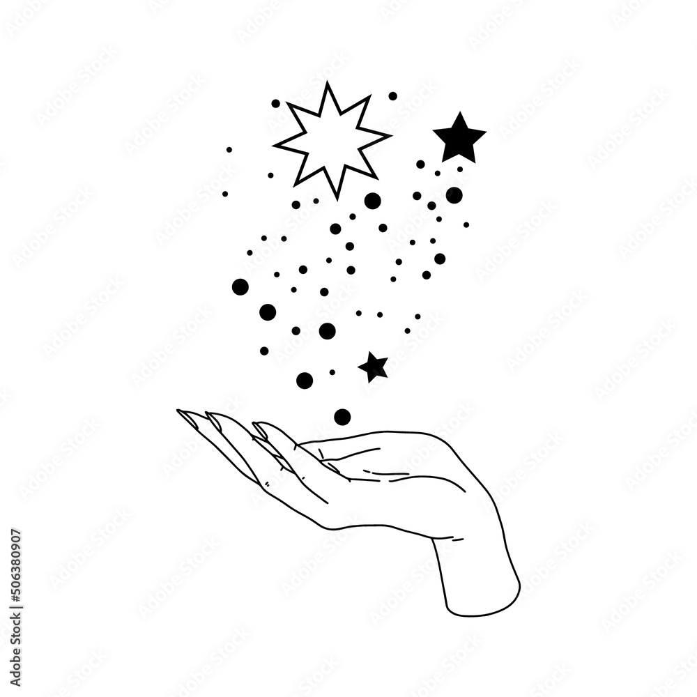 Vector line art illustration of female hand with stars. Linear clipart ...