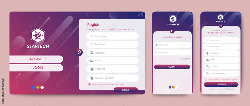 Set of Sign Up and Sign In forms. Red gradient background with modern ...