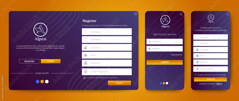 Set of Sign Up and Sign In forms. Black gradient background with modern ...