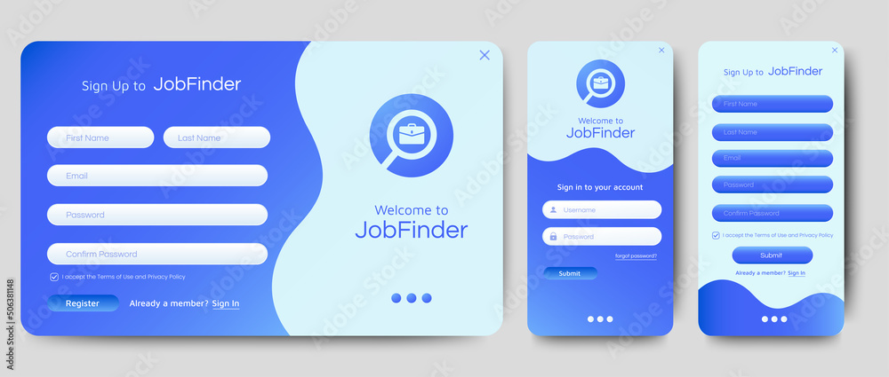 Set of Sign Up and Sign In forms. Blue gradient background with modern ... Set of Sign Up and Sign In forms. Blue gradient background with modern ...