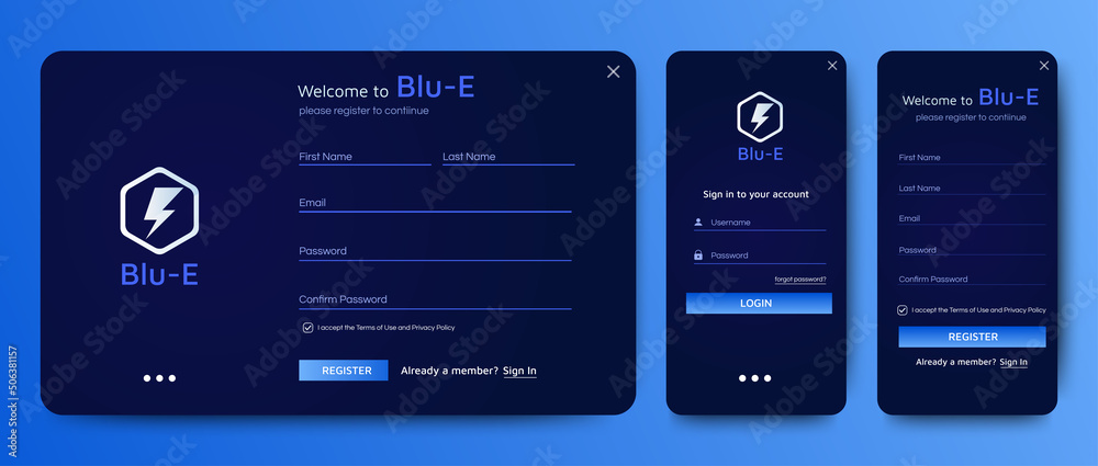 Set of Sign Up and Sign In forms. Blue gradient background with modern ...