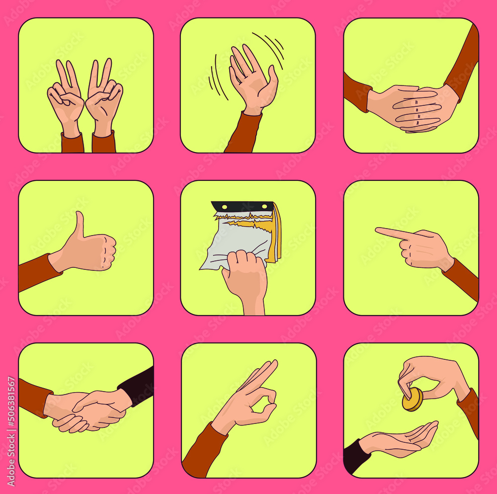 Thumb up, calendar interaction, point left. Coloured hands. Signs, logo ...