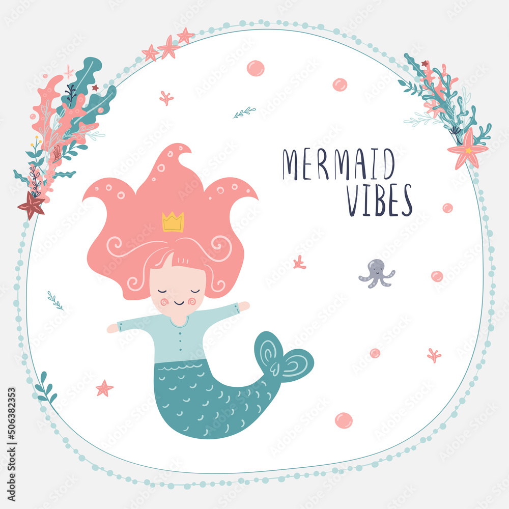 Little Mermaid with sea coral and shell. Vector poster Stock Vector ...