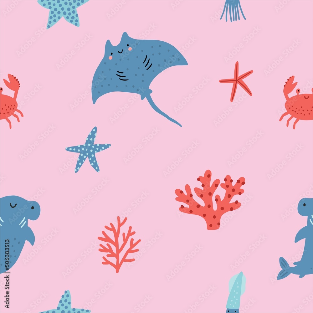 Cute cartoon undersea world. Deep Ocean or sea with cramp-fish, fish ...