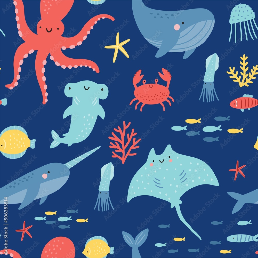 Cute cartoon undersea world. Deep Ocean or sea with fish, octopus, crab ...