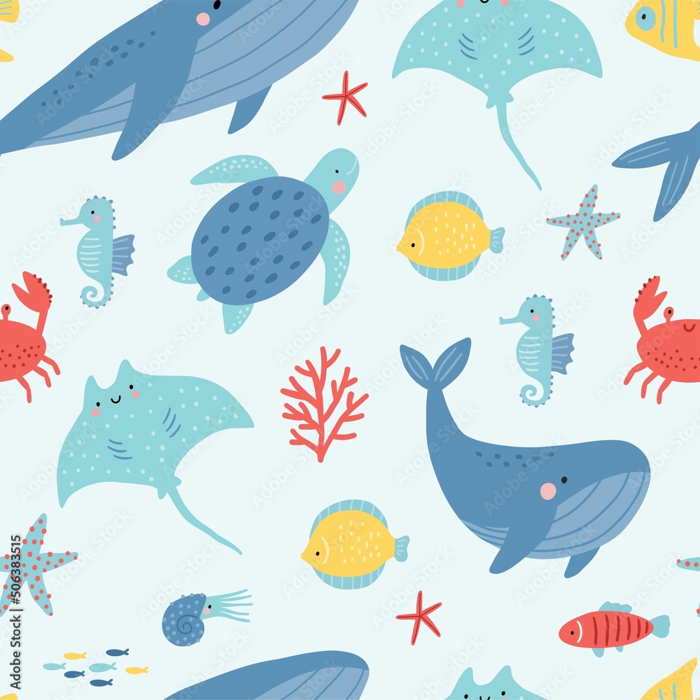 Cute cartoon undersea world. Deep Ocean or sea with fish, octopus, crab ...