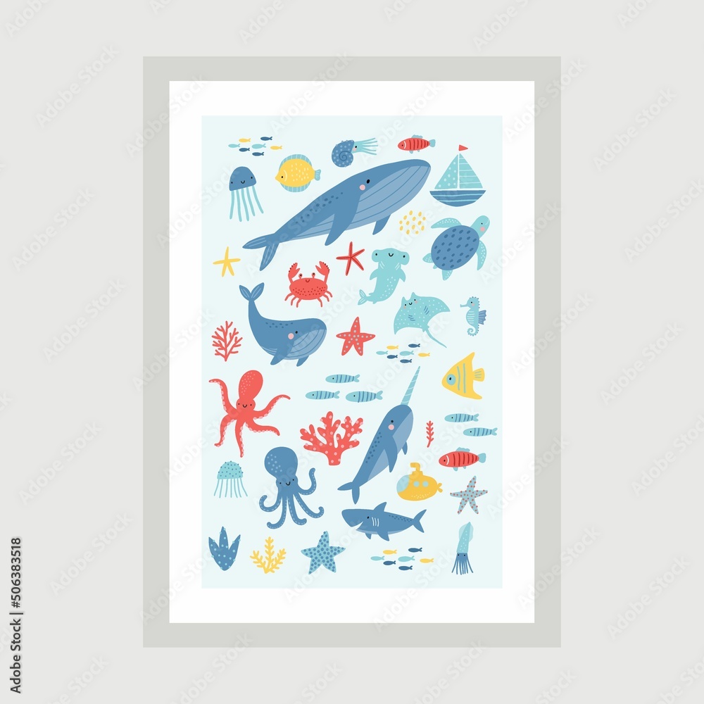 Cute cartoon undersea world. Deep Ocean or sea with fish, octopus, crab ...