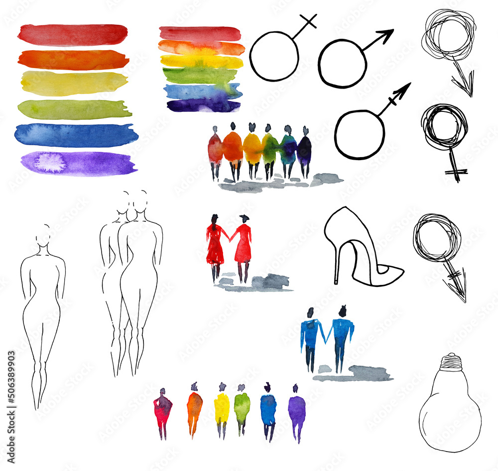 Lgbtq elements watercolor illustration set. Cute pride symbols. Hand ...
