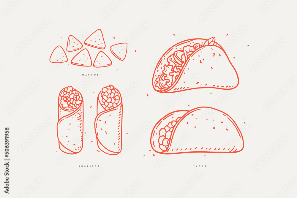 Set of national mexican food in linear style. Traditional fast food ...