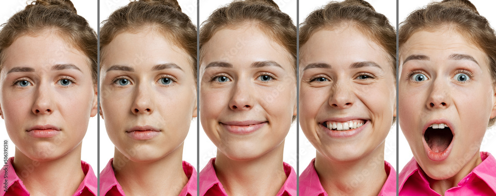 Set of young charming girl's portraits with different emotions. Closeup ...