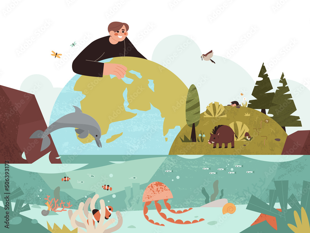 Biodiversity and nature protection flat vector illustration. Ecologyst ...