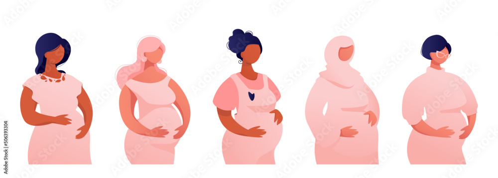Set of different pregnant women. Happy diverse mothers expecting ...