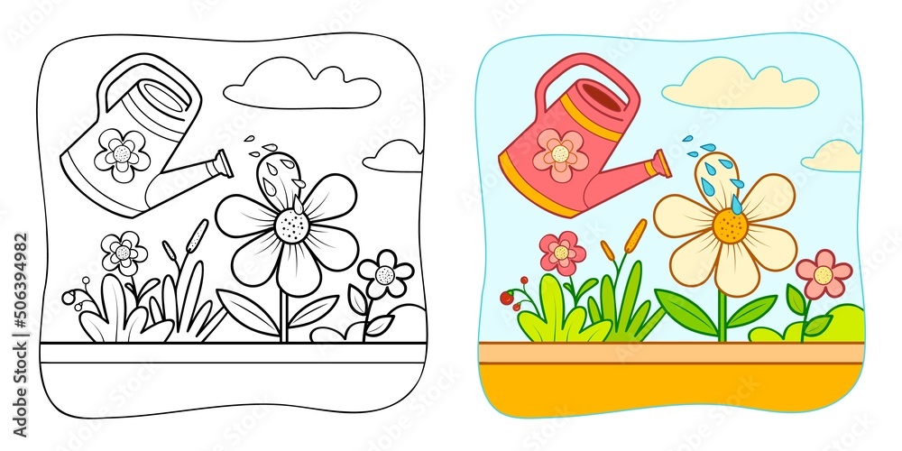 Coloring book or Coloring page for kids. Flowers and watering can ...