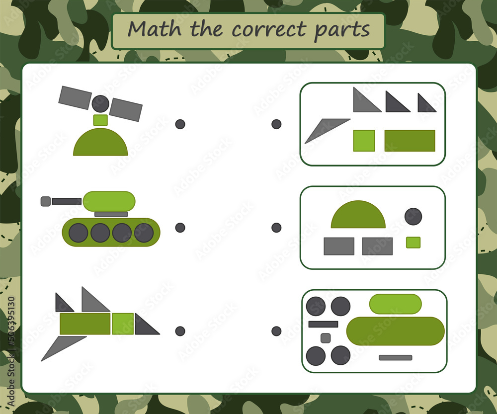 Educational game for kids. Math the correct parts. Military equipment ...