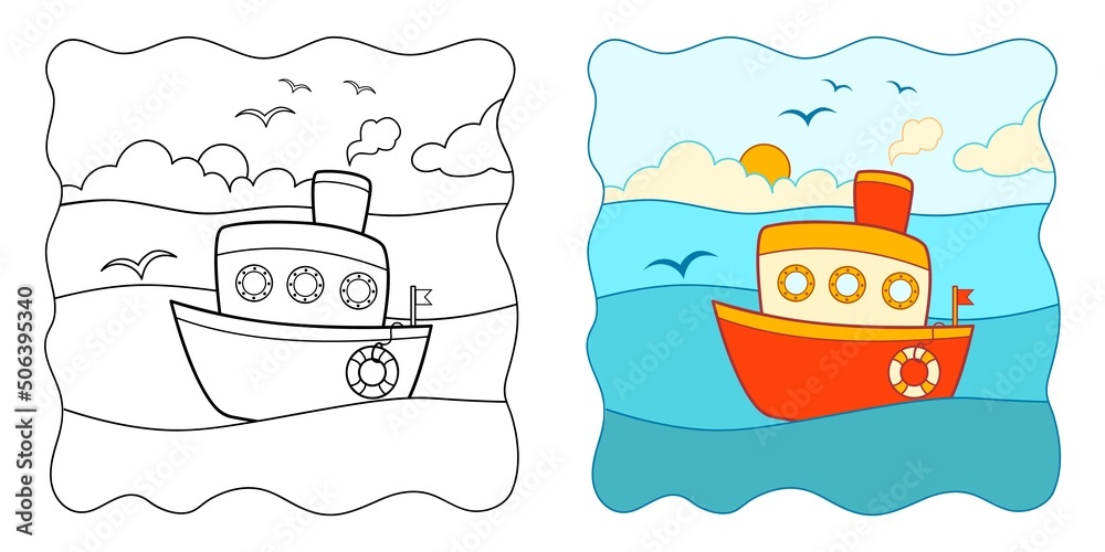 Coloring book or Coloring page for kids. Ship vector clipart. Nature ...