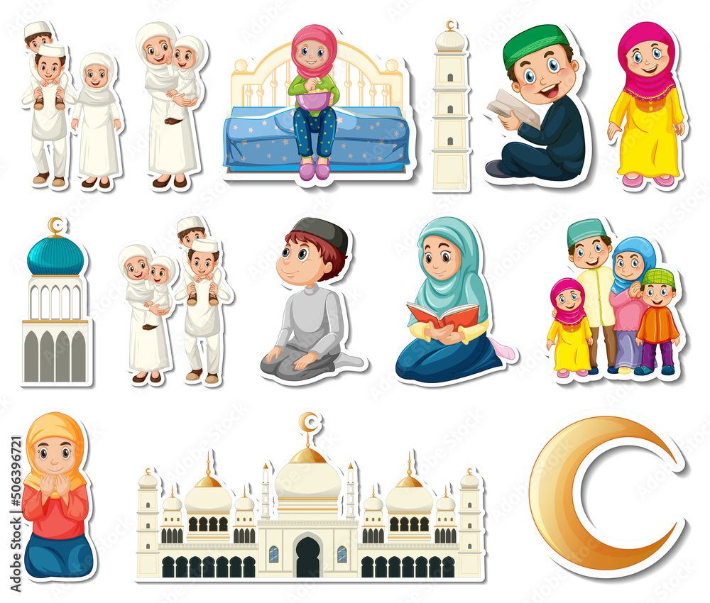 Sticker set of Islamic religious symbols and cartoon characters Stock ...