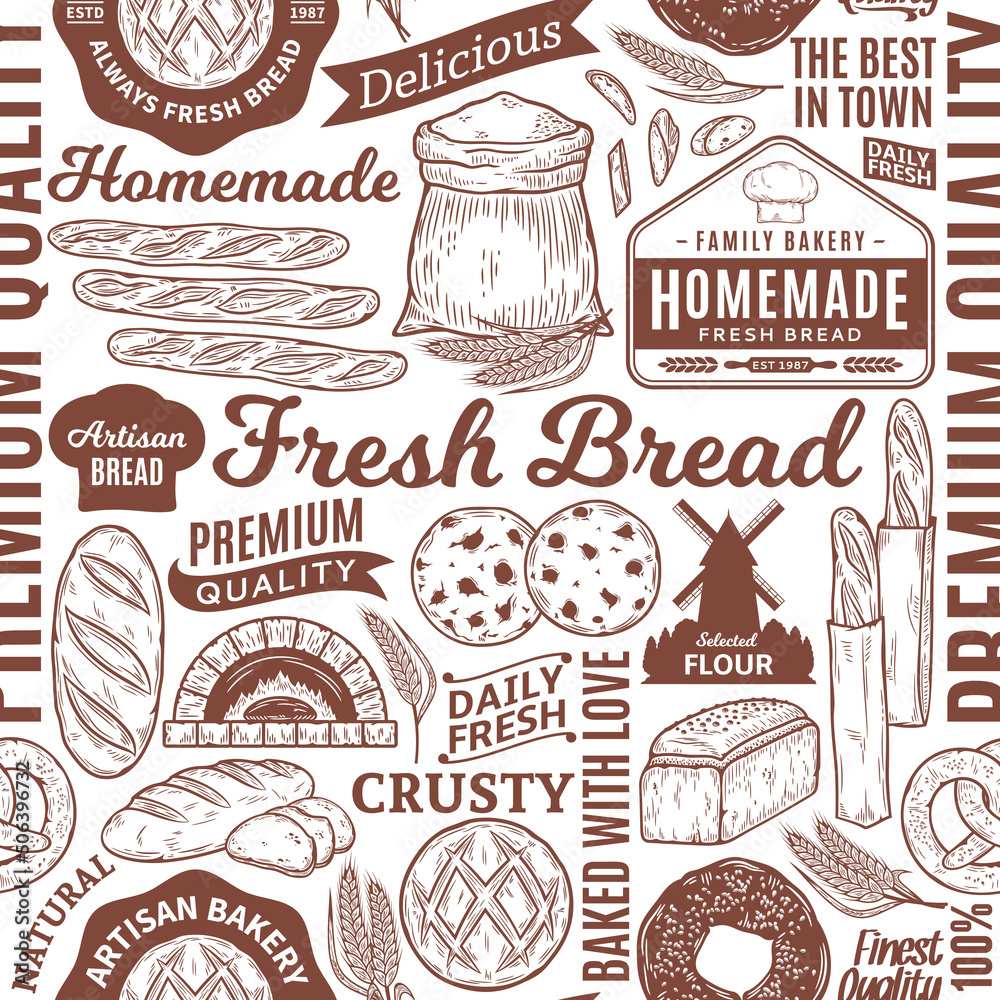 Typographic vector bread and bakery seamless pattern or background ...